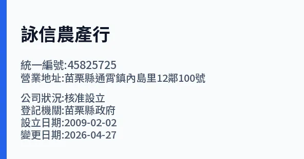 詠信農產行的照片-統編 45825725(苗栗縣) 公司登記資料與營業項目詳細圖表
