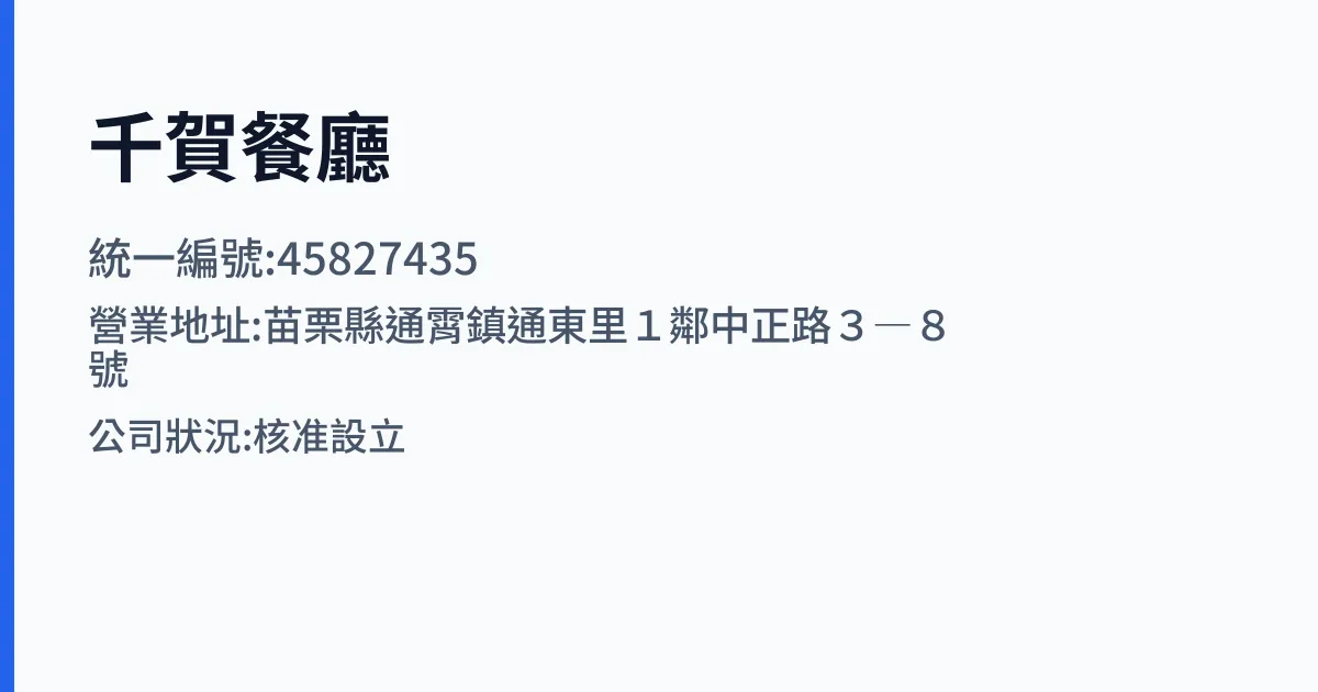 千賀餐廳 - 統編 45827435(苗栗縣) 公司登記資料與營業項目詳細圖表
