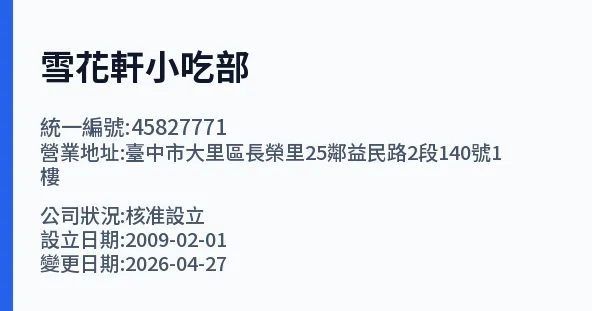 雪花軒小吃部的照片-統編 45827771(臺中市) 公司登記資料與營業項目詳細圖表