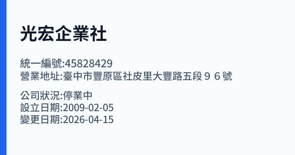光宏企業社的照片-統編 45828429(臺中市) 公司登記資料與營業項目詳細圖表