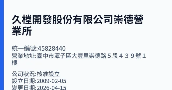 久樘開發股份有限公司崇德營業所的照片-統編 45828440(臺中市) 公司登記資料與營業項目詳細圖表