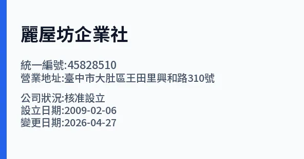 麗屋坊企業社的照片-統編 45828510(臺中市) 公司登記資料與營業項目詳細圖表