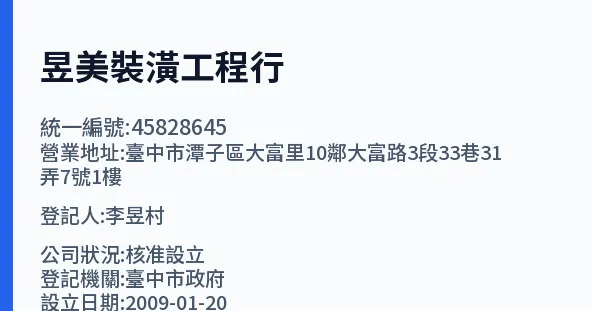 昱美裝潢工程行的照片-統編 45828645(臺中市) 公司登記資料與營業項目詳細圖表