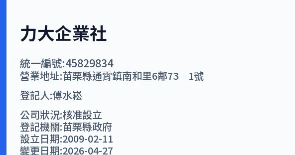 力大企業社的照片-統編 45829834(苗栗縣) 公司登記資料與營業項目詳細圖表