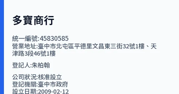多寶商行的照片-統編 45830585(臺中市) 公司登記資料與營業項目詳細圖表