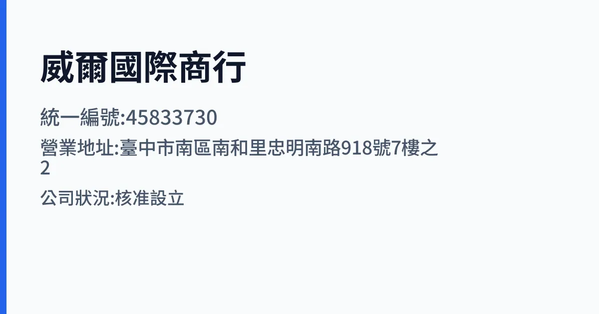 威爾國際商行 - 統編 45833730(臺中市) 公司登記資料與營業項目詳細圖表