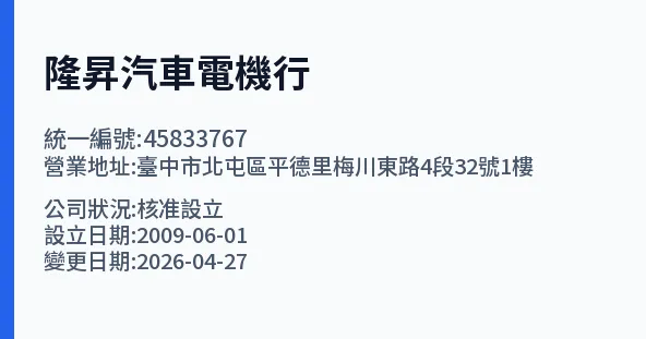 隆昇汽車電機行的照片-統編 45833767(臺中市) 公司登記資料與營業項目詳細圖表