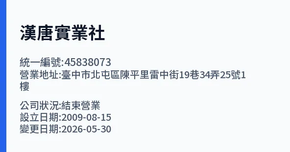 漢唐實業社的照片-統編 45838073(臺中市) 公司登記資料與營業項目詳細圖表