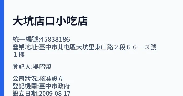 大坑店口小吃店的照片-統編 45838186(臺中市) 公司登記資料與營業項目詳細圖表