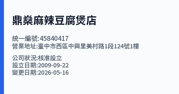 鼎燊麻辣豆腐煲店的照片-統編 45840417(臺中市) 公司登記資料與營業項目詳細圖表