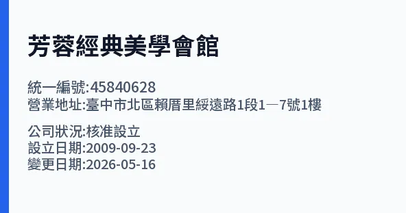 芳蓉經典美學會館的照片-統編 45840628(臺中市) 公司登記資料與營業項目詳細圖表
