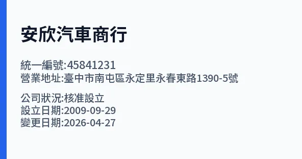 安欣汽車商行的照片-統編 45841231(臺中市) 公司登記資料與營業項目詳細圖表