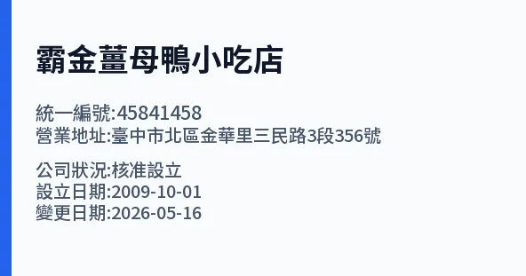 霸金薑母鴨小吃店的照片-統編 45841458(臺中市) 公司登記資料與營業項目詳細圖表