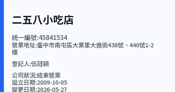 二五八小吃店的照片-統編 45841534(臺中市) 公司登記資料與營業項目詳細圖表