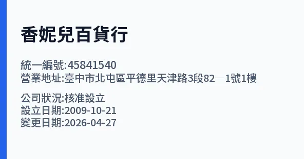 香妮兒百貨行的照片-統編 45841540(臺中市) 公司登記資料與營業項目詳細圖表