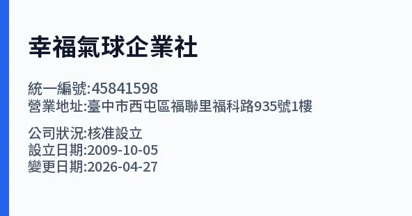 幸福氣球企業社的照片-統編 45841598(臺中市) 公司登記資料與營業項目詳細圖表