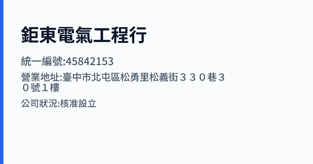 鉅東電氣工程行 - 統編 45842153(臺中市) 公司登記資料與營業項目詳細圖表