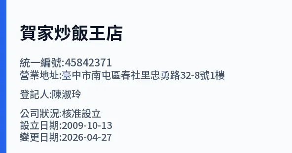 賀家炒飯王店的照片-統編 45842371(臺中市) 公司登記資料與營業項目詳細圖表