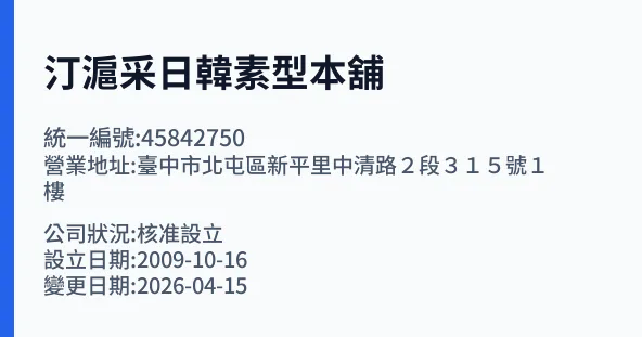 汀滬采日韓素型本舖的照片-統編 45842750(臺中市) 公司登記資料與營業項目詳細圖表