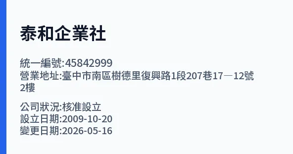 泰和企業社的照片-統編 45842999(臺中市) 公司登記資料與營業項目詳細圖表