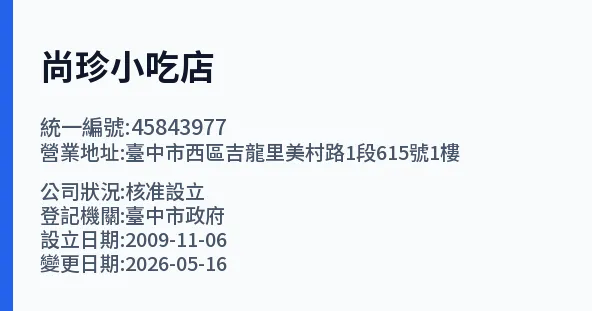尚珍小吃店的照片-統編 45843977(臺中市) 公司登記資料與營業項目詳細圖表