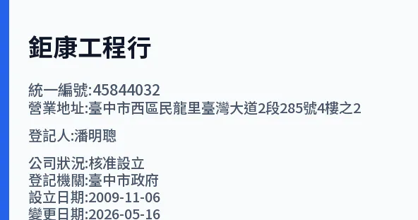 鉅康工程行的照片-統編 45844032(臺中市) 公司登記資料與營業項目詳細圖表