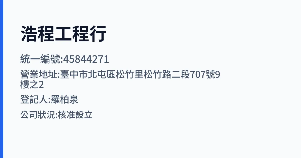 浩程工程行 - 統編 45844271(臺中市) 公司登記資料與營業項目詳細圖表