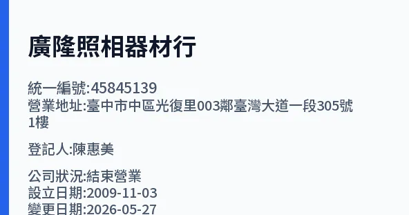 廣隆照相器材行的照片-統編 45845139(臺中市) 公司登記資料與營業項目詳細圖表