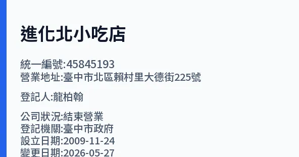 進化北小吃店的照片-統編 45845193(臺中市) 公司登記資料與營業項目詳細圖表