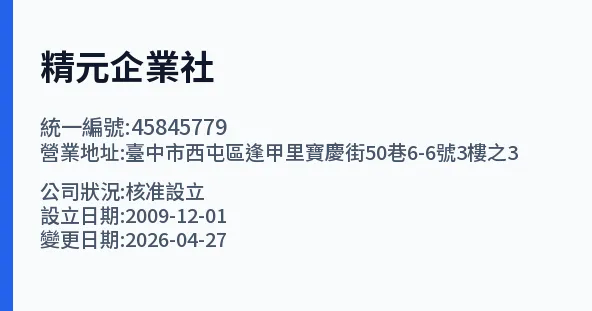 精元企業社的照片-統編 45845779(臺中市) 公司登記資料與營業項目詳細圖表