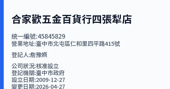 合家歡五金百貨行四張犁店的照片-統編 45845829(臺中市) 公司登記資料與營業項目詳細圖表
