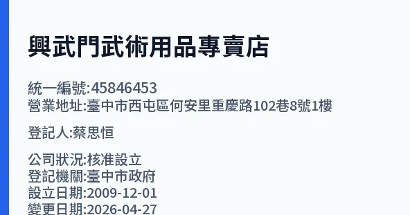 興武門武術用品專賣店的照片-統編 45846453(臺中市) 公司登記資料與營業項目詳細圖表
