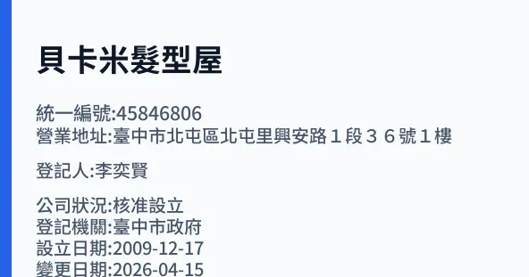 貝卡米髮型屋的照片-統編 45846806(臺中市) 公司登記資料與營業項目詳細圖表