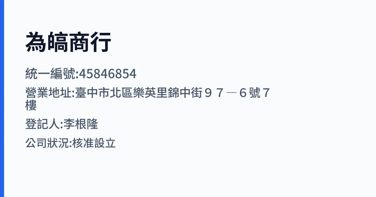 為皜商行 - 統編 45846854(臺中市) 公司登記資料與營業項目詳細圖表