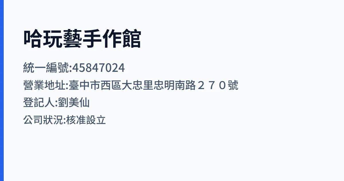 哈玩藝手作館 - 統編 45847024(臺中市) 公司登記資料與營業項目詳細圖表