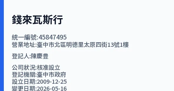 錢來瓦斯行的照片-統編 45847495(臺中市) 公司登記資料與營業項目詳細圖表