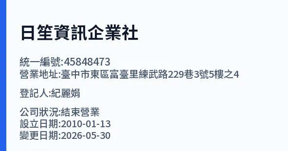 日笙資訊企業社的照片-統編 45848473(臺中市) 公司登記資料與營業項目詳細圖表