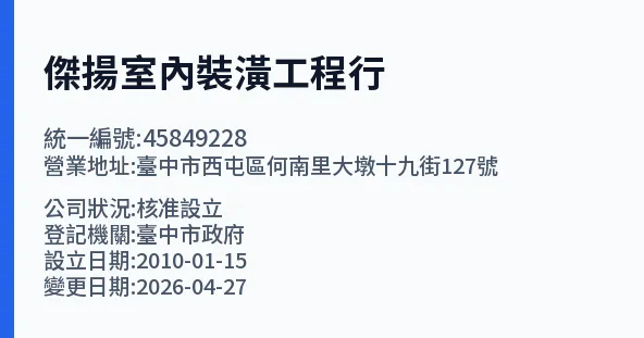 傑揚室內裝潢工程行的照片-統編 45849228(臺中市) 公司登記資料與營業項目詳細圖表