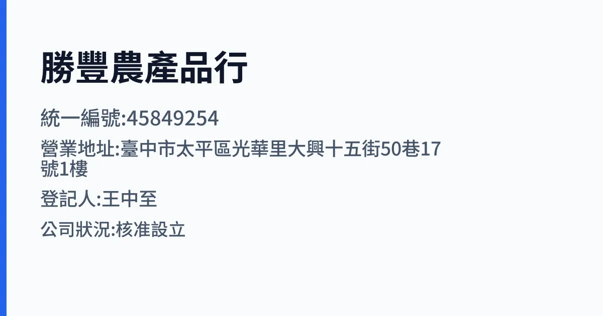 勝豐農產品行 - 統編 45849254(臺中市) 公司登記資料與營業項目詳細圖表