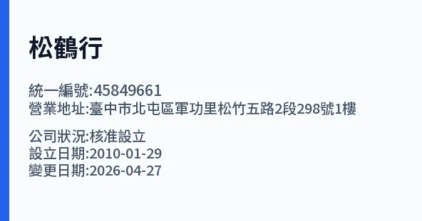 松鶴行的照片-統編 45849661(臺中市) 公司登記資料與營業項目詳細圖表