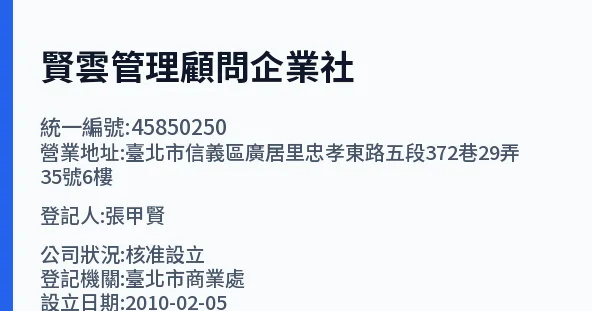 賢雲管理顧問企業社的照片-統編 45850250(臺北市) 公司登記資料與營業項目詳細圖表