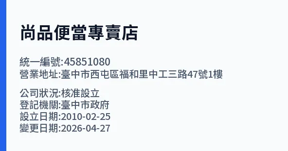 尚品便當專賣店的照片-統編 45851080(臺中市) 公司登記資料與營業項目詳細圖表