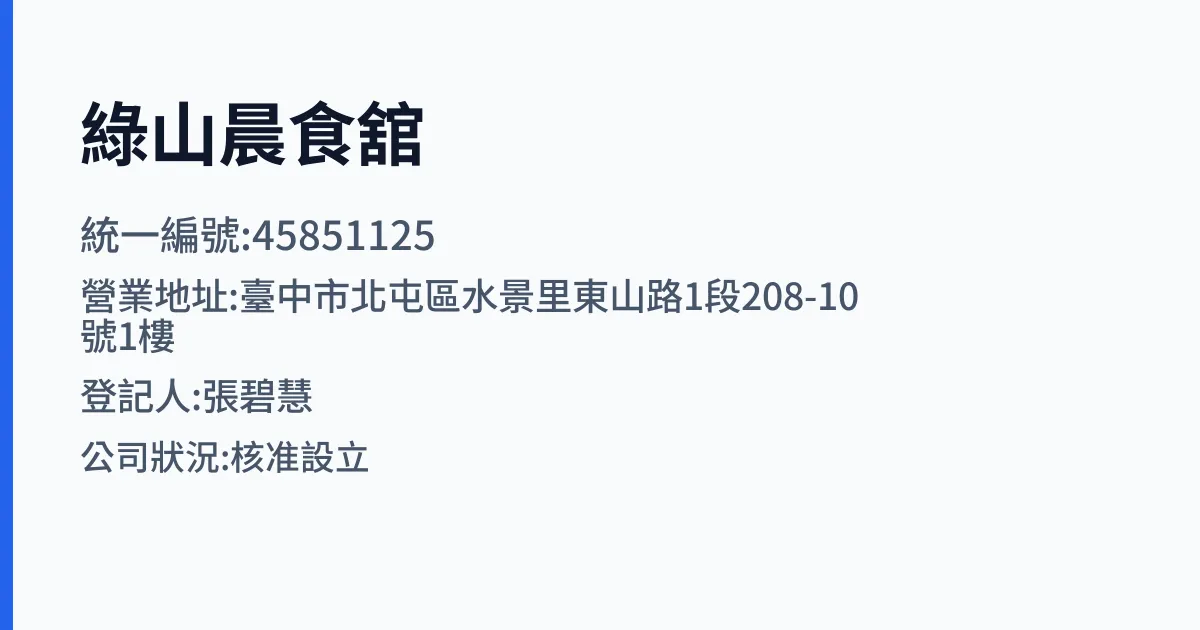 綠山晨食舘 - 統編 45851125(臺中市) 公司登記資料與營業項目詳細圖表