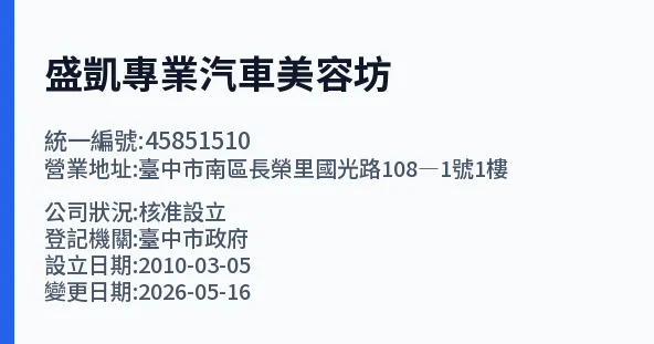盛凱專業汽車美容坊的照片-統編 45851510(臺中市) 公司登記資料與營業項目詳細圖表