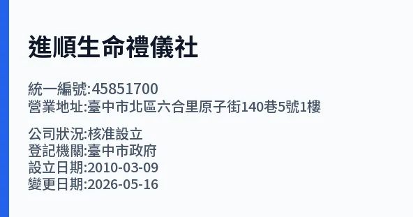 進順生命禮儀社的照片-統編 45851700(臺中市) 公司登記資料與營業項目詳細圖表