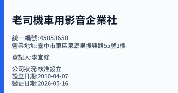 老司機車用影音企業社的照片-統編 45853658(臺中市) 公司登記資料與營業項目詳細圖表