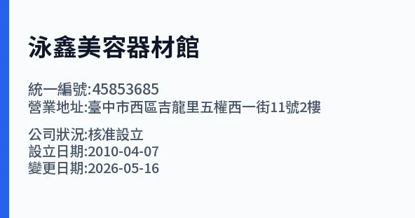 泳鑫美容器材館的照片-統編 45853685(臺中市) 公司登記資料與營業項目詳細圖表