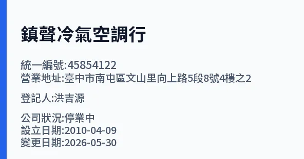鎮聲冷氣空調行的照片-統編 45854122(臺中市) 公司登記資料與營業項目詳細圖表