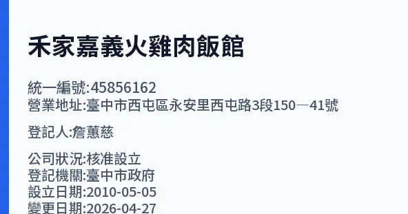 禾家嘉義火雞肉飯館的照片-統編 45856162(臺中市) 公司登記資料與營業項目詳細圖表