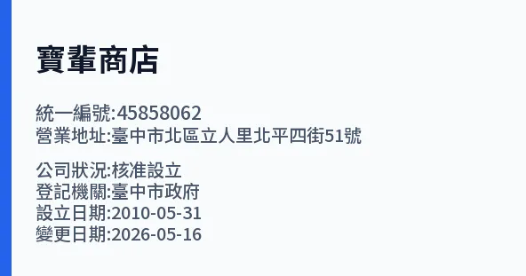 寶輩商店的照片-統編 45858062(臺中市) 公司登記資料與營業項目詳細圖表